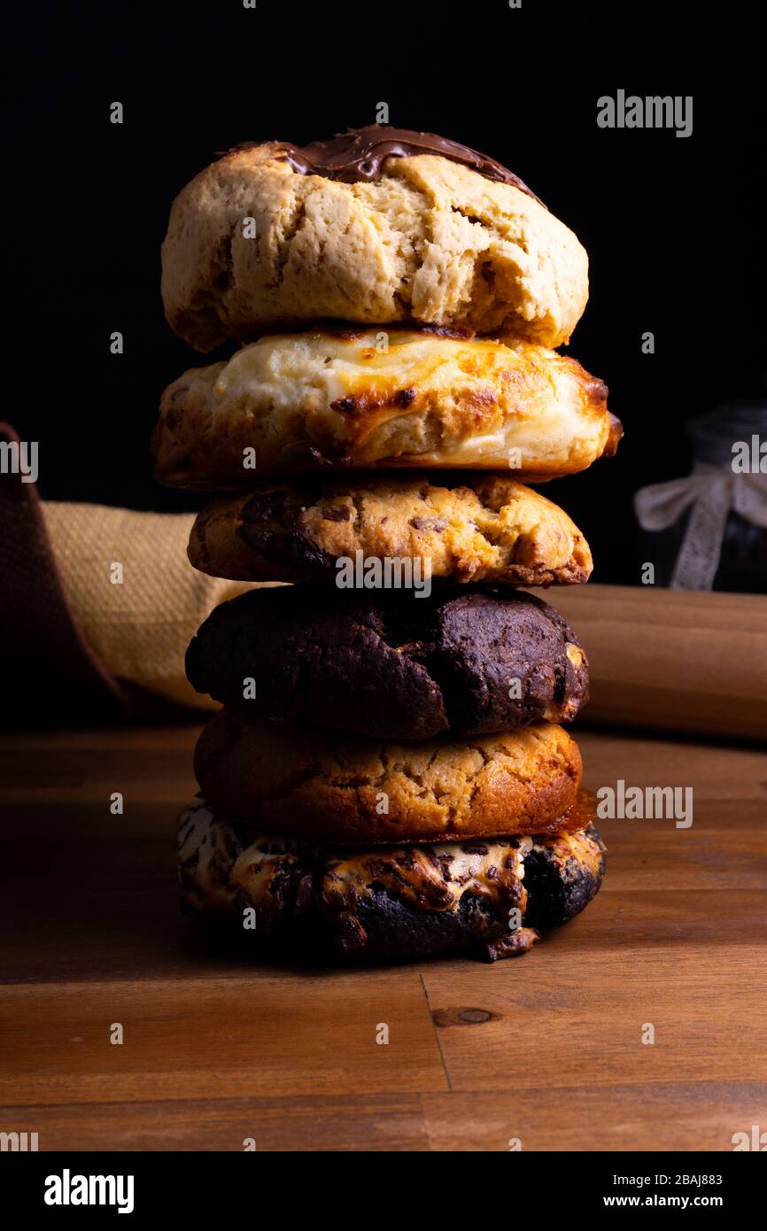 A tower built of a many different cookie cakes Stock Photo - Alamy