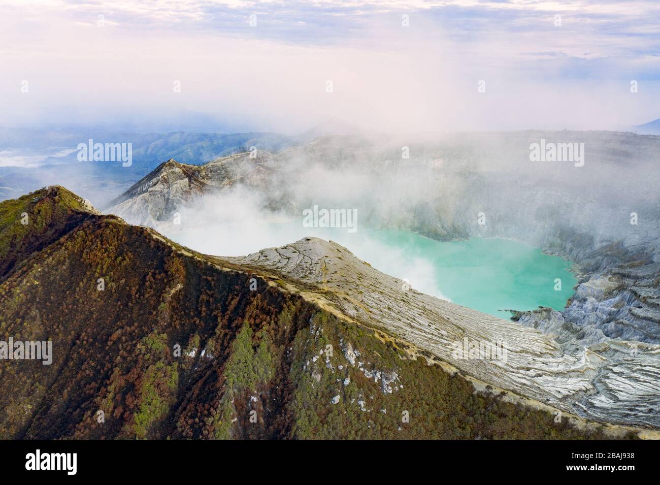 View from above, stunning view of the Ijen volcano with the turquoise ...