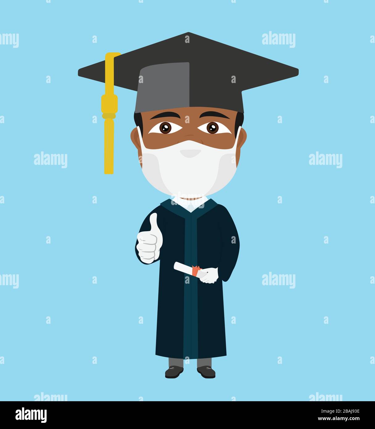 Black dark skin Afro African confused graduate with mask white gloves ...