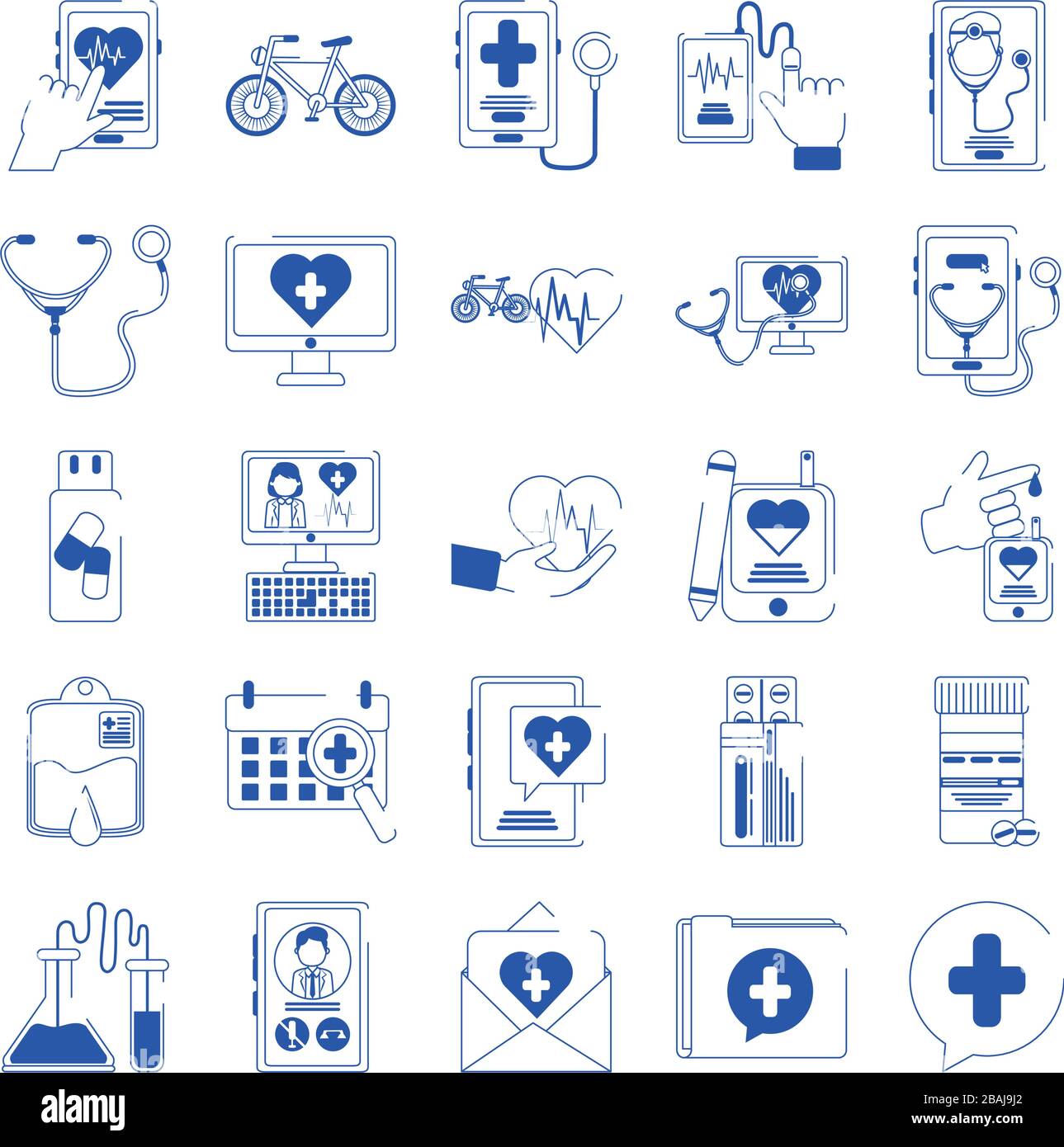 online doctor health medicine care blue line style icons set vector ...