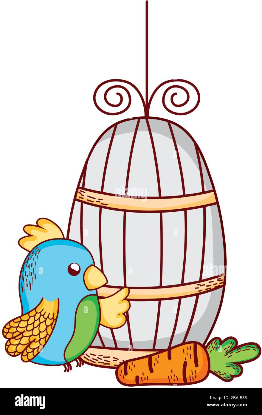 cute animals, blue parrot cage and carrot food cartoon isolated icon ...