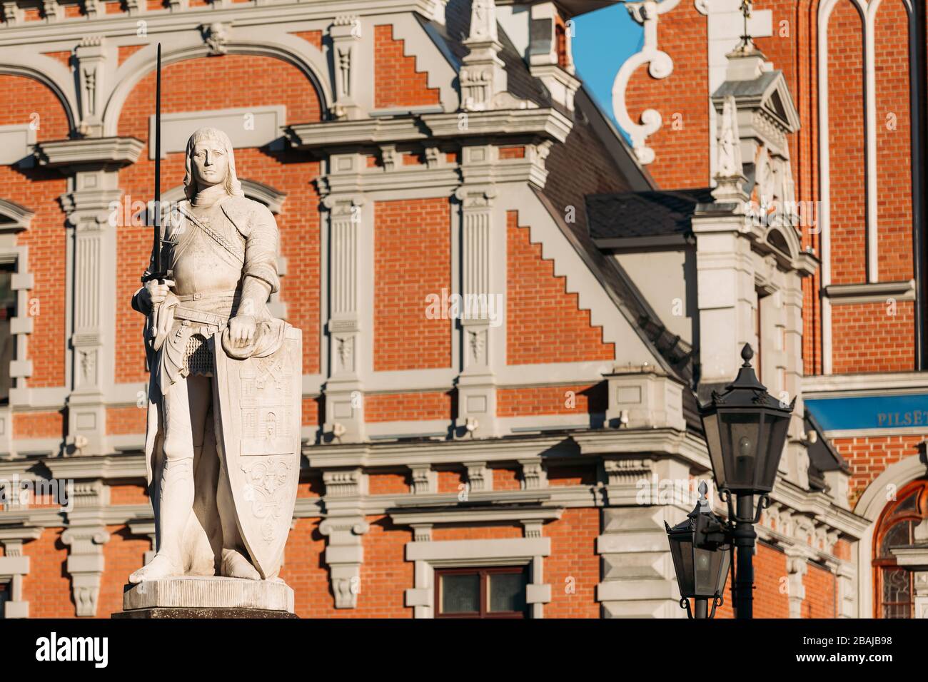 Riga, Latvia. Statue Of Roland At Town Hall Square. House Of Blackheads ...