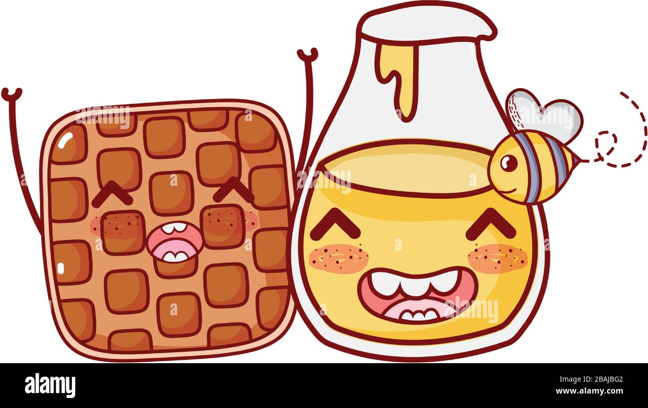 fast food cute waffle and honey bottle bee cartoon character vector ...