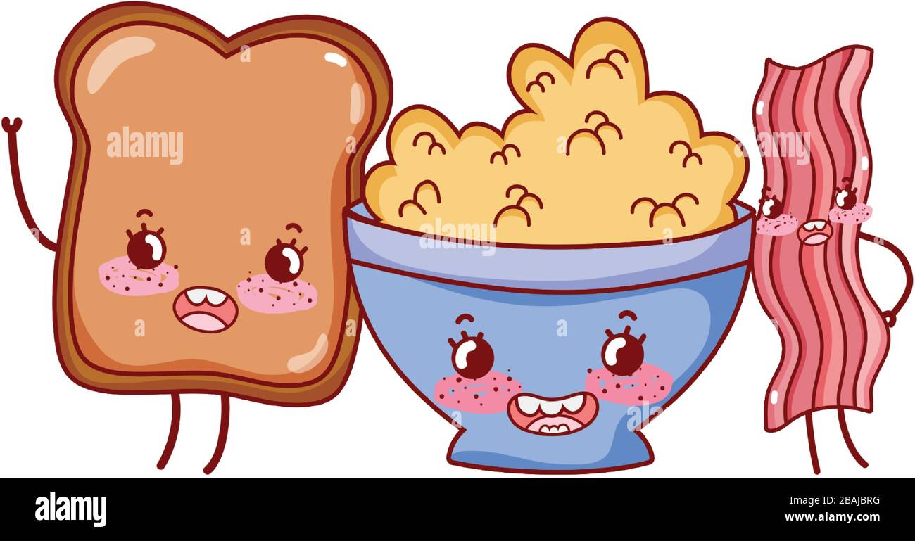 breakfast cute cereal bread and bacon cartoon vector illustration Stock ...
