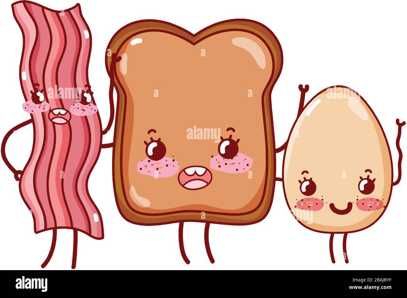 breakfast cute bacon bread and fried egg kawaii cartoon vector ...