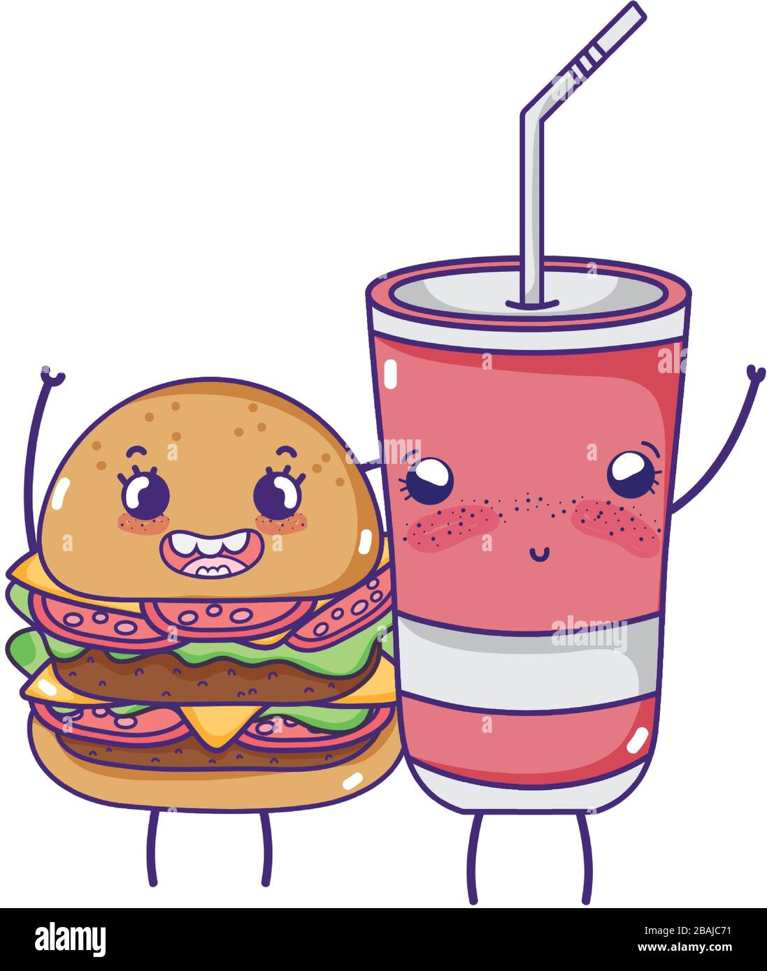 fast food cute tasty burger plastic cup cartoon vector illustration ...
