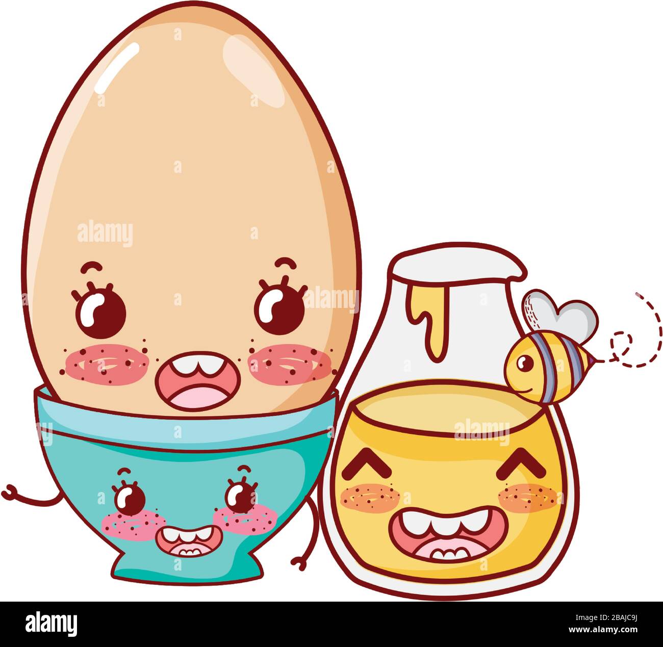 breakfast cute boiled egg and honey bottle kawaii cartoon vector ...