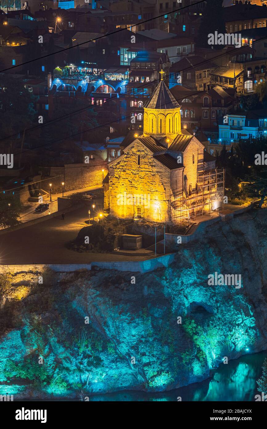Tbilisi, Georgia. Night Evening Illuminated View Of Metekhi Church And ...