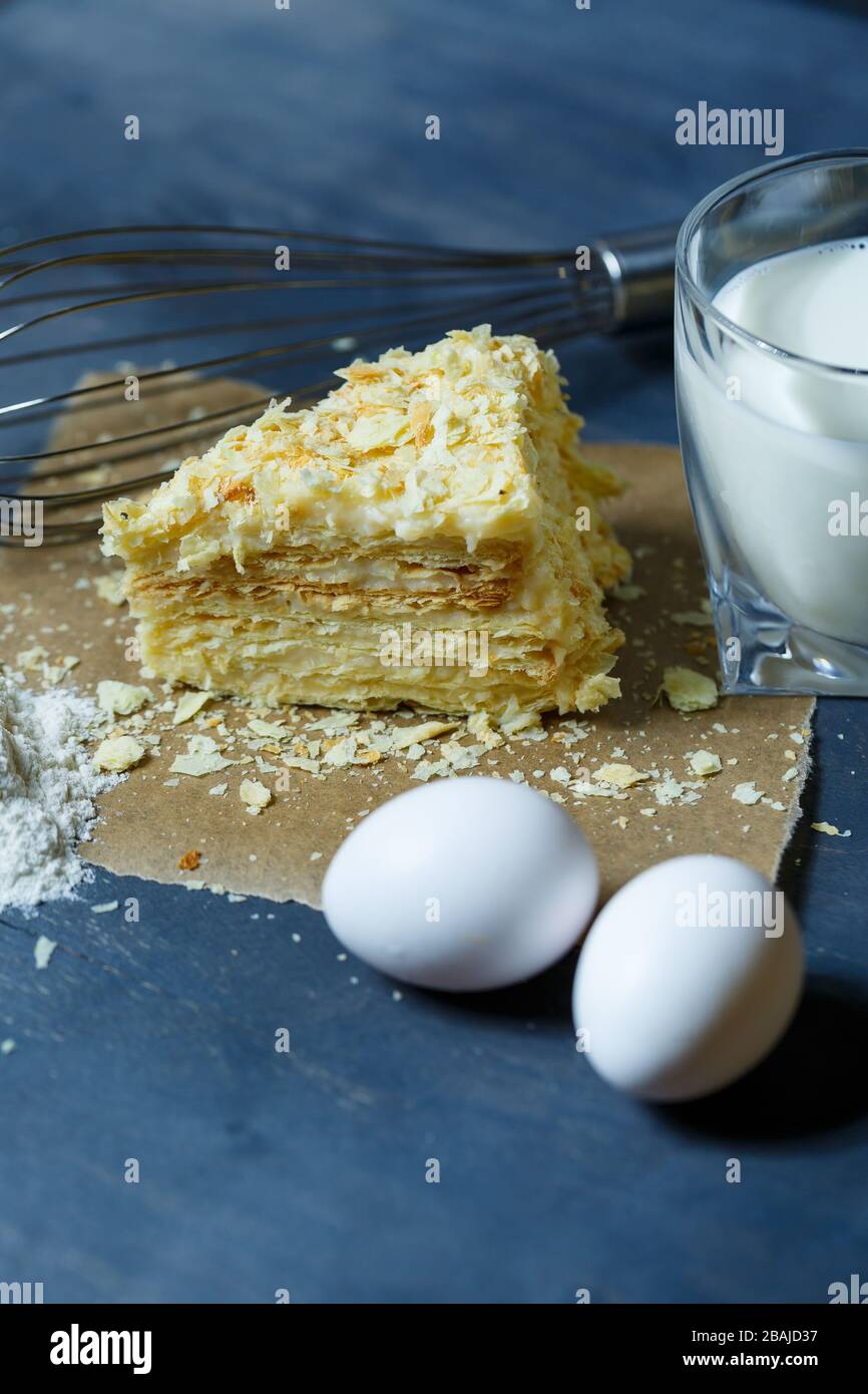 homemade Napoleon cake with cream on a gray background Stock Photo - Alamy