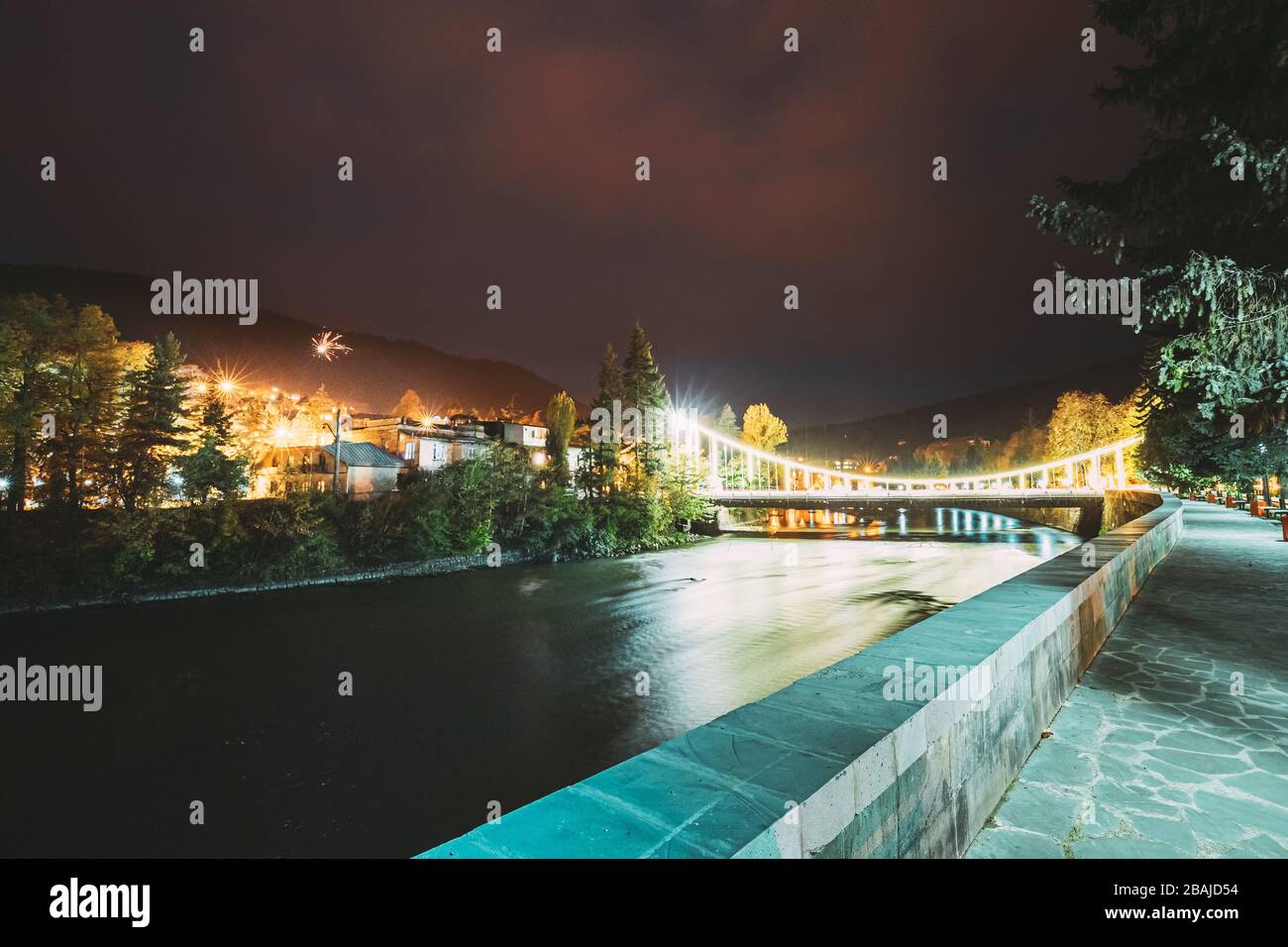 Borjomi, Georgia. Night View Of Bridge Of Beauty Over Kura River ...