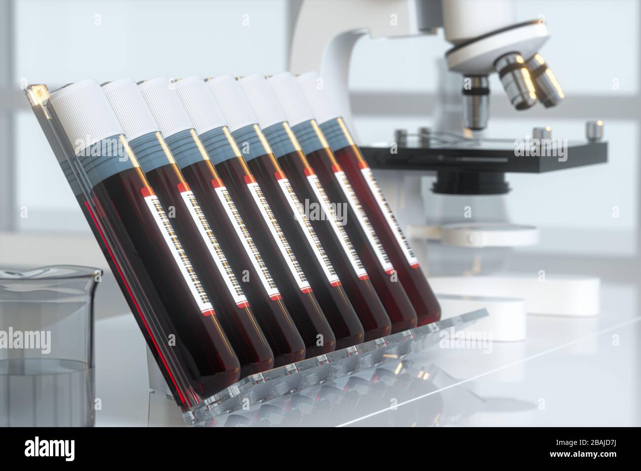 Blood test tubes with laboratory, 3d rendering. Computer digital ...