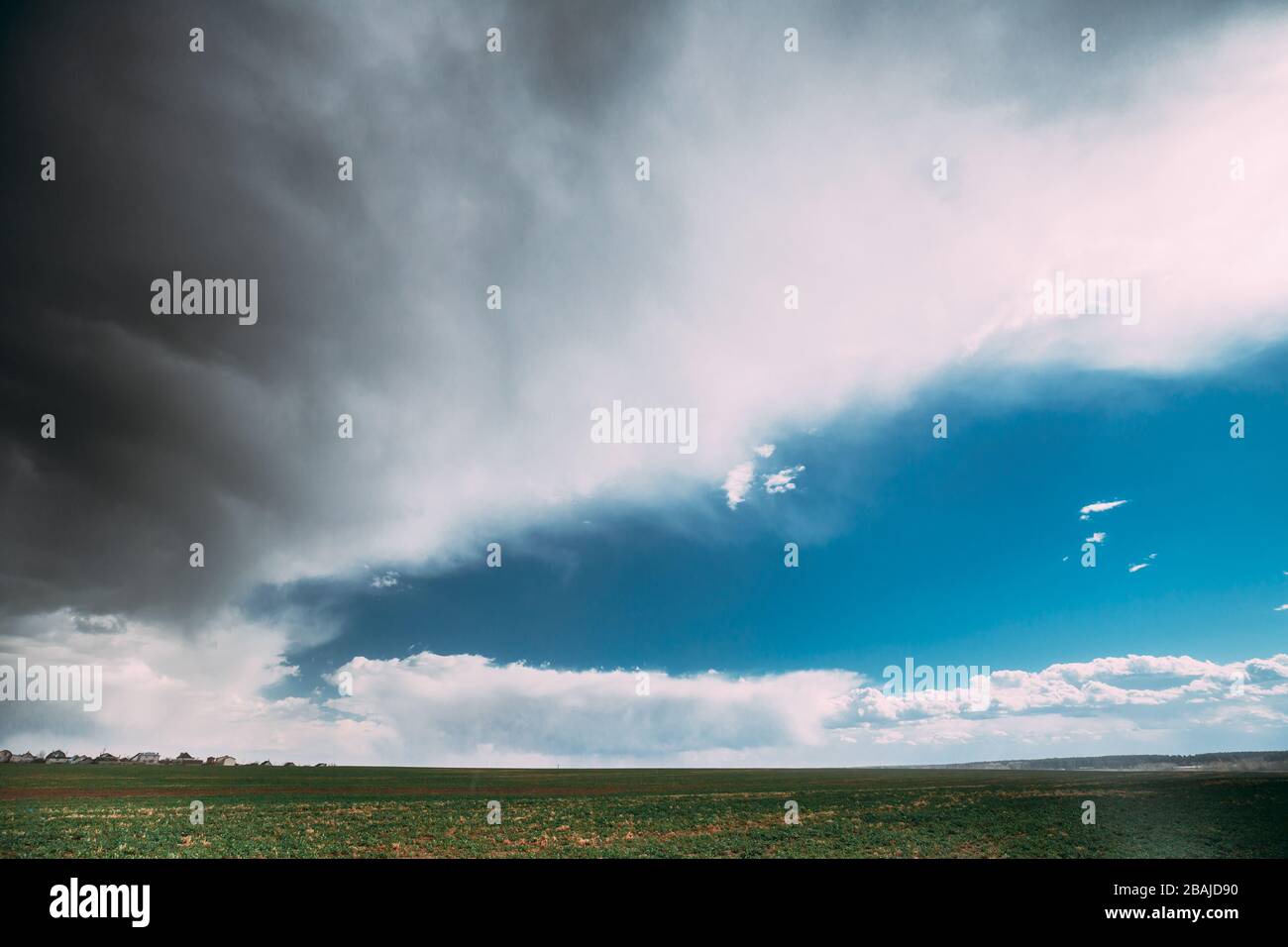 Countryside Rural Field Spring Meadow During Rain. Rain Clouds On ...