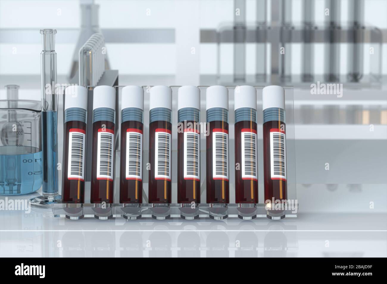 Blood test tubes with laboratory, 3d rendering. Computer digital ...