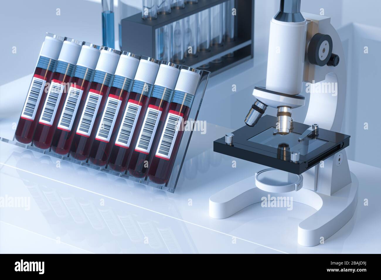 Blood test tubes with laboratory, 3d rendering. Computer digital ...