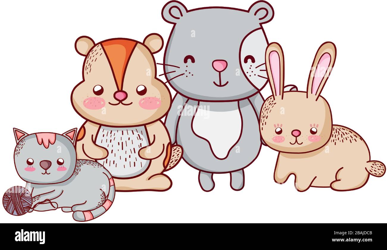cute animals, rabbit beaver cat and rabbit cartoon vector illustration ...