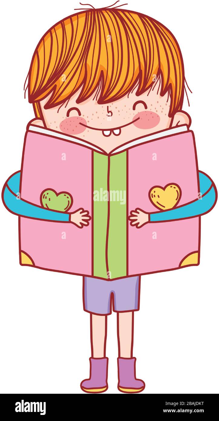 book day, cute little boy hug open textbook isolated design vector ...