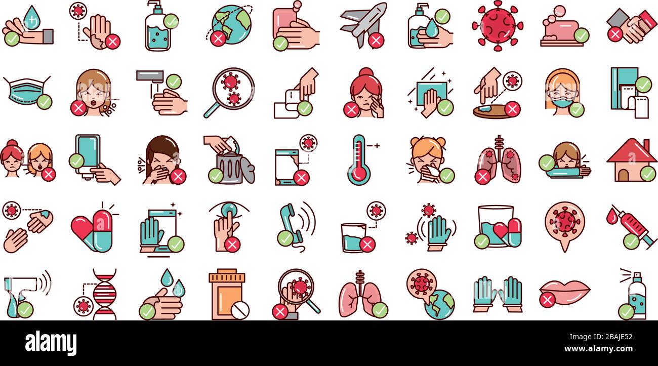 do and donts prevent spread of covid19 icons vector illustration line ...