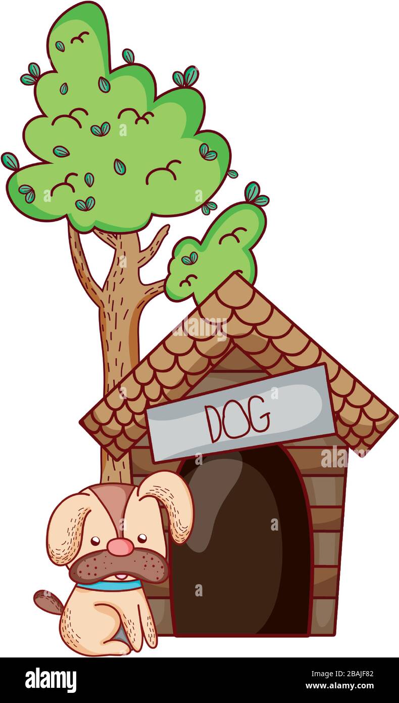 cute animals, puppy dog sitting house tree cartoon vector illustration ...