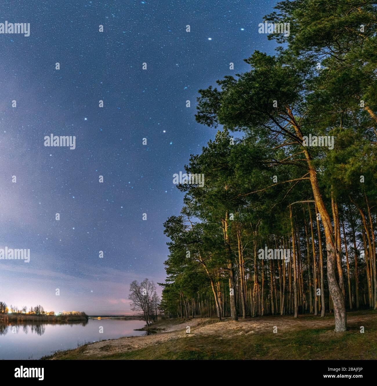 Belarus, Eastern Europe. Night Sky Stars Above Countryside Landscape ...