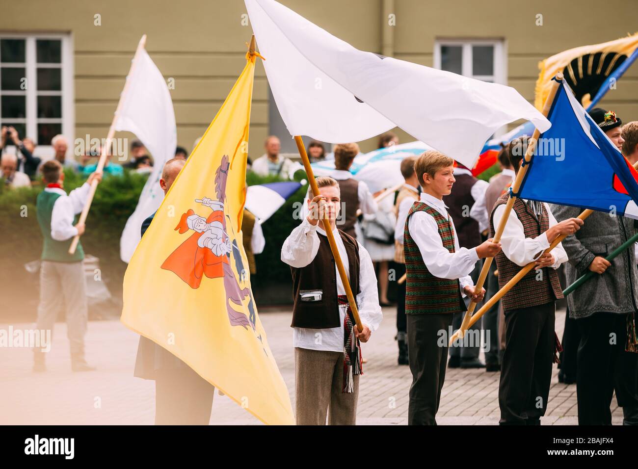 Vilnius, Lithuania. Men Dressed In Traditional Costumes Take Part In ...