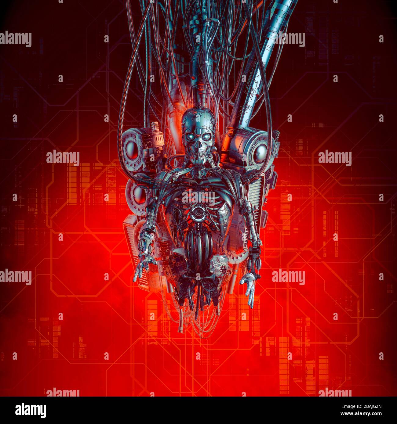 Reaper robot repair / 3D illustration of futuristic metallic science ...