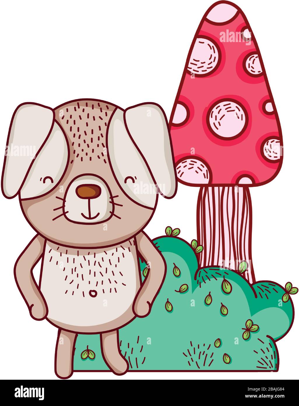 cute animals, little dog mushroom foliage bush cartoon vector ...