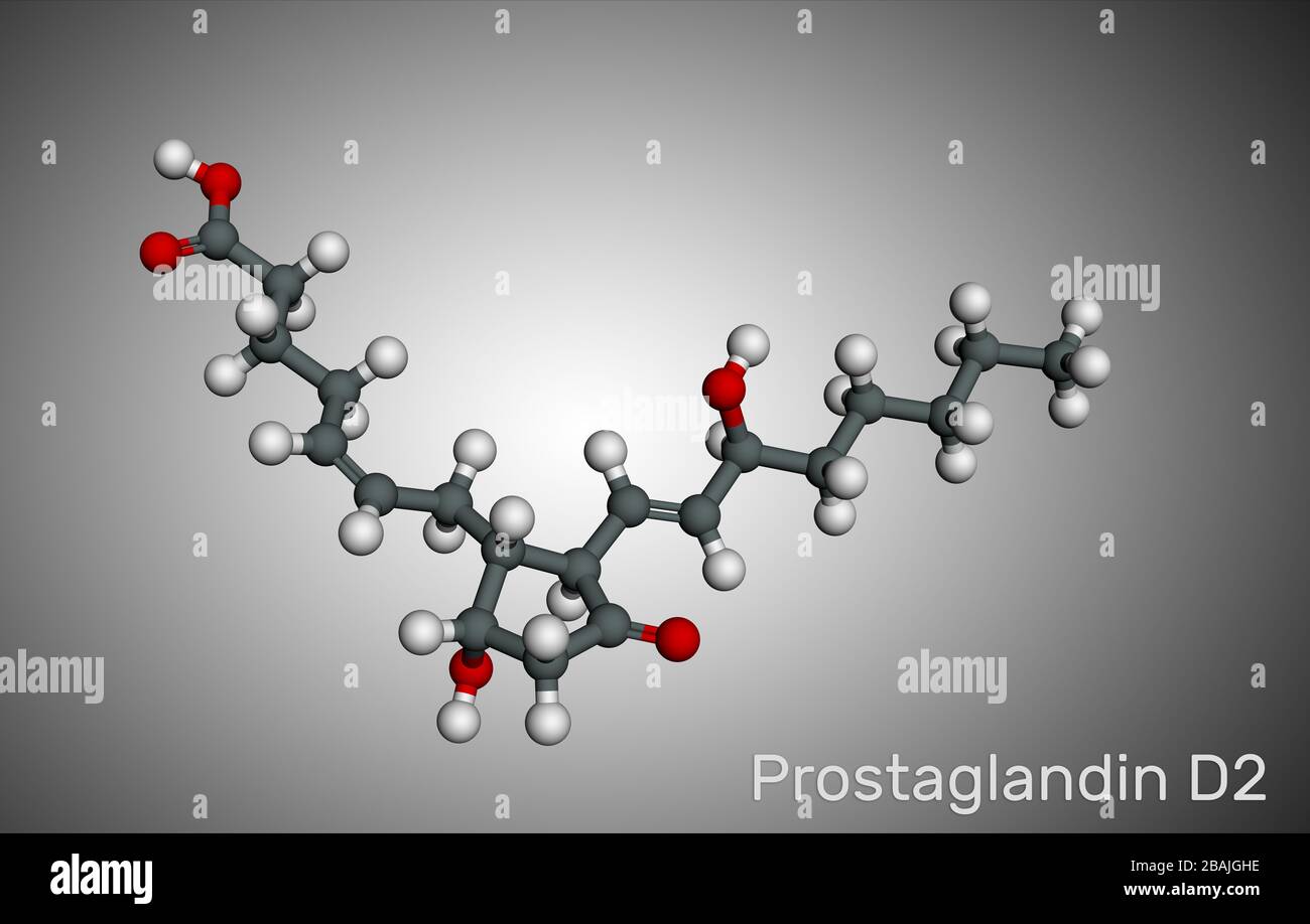 Prostaglandin D2 , PGD2 , prostaglandin, C20H32O5 molecule. Molecular ...