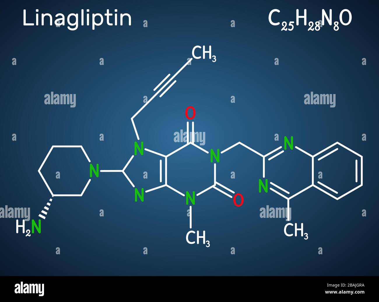 Linagliptin, C25H28N8O2 molecule. It is DPP-4 inhibitor, used for the ...