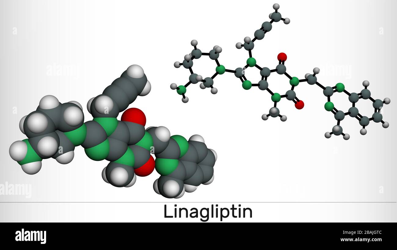 Linagliptin, C25H28N8O2 molecule. It is DPP-4 inhibitor, used for the ...
