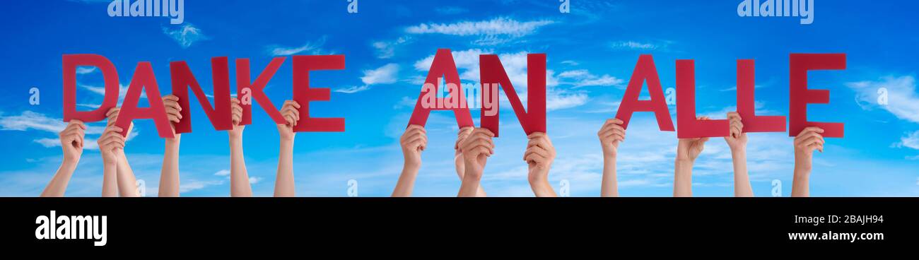 People Hands Holding Word Danke An Alle Means Thank You All, Blue Sky ...