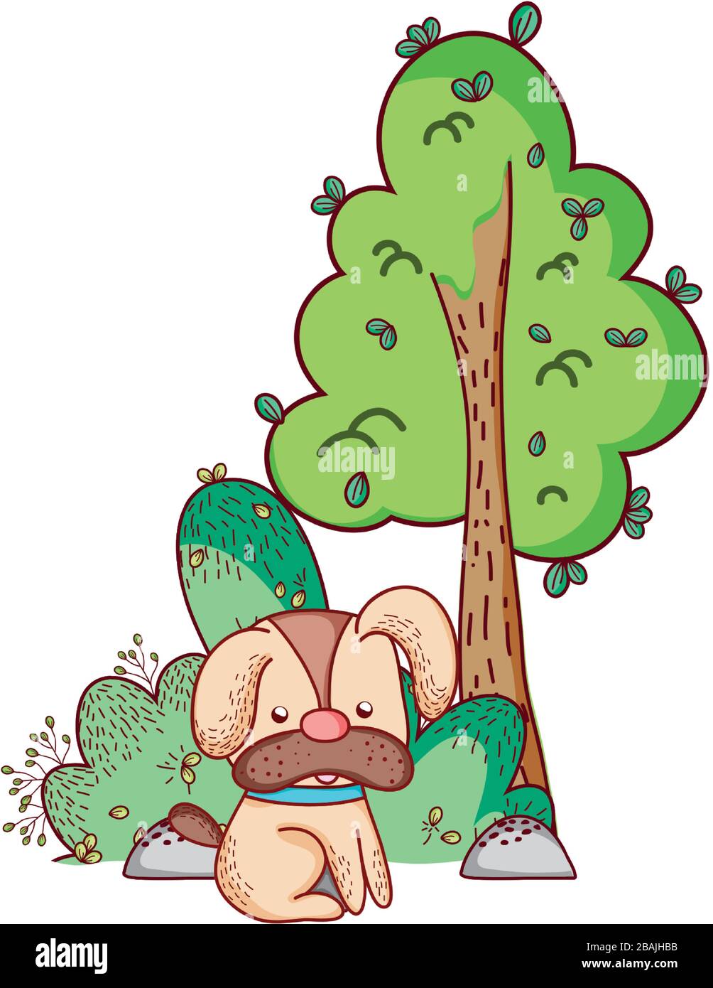 cute animals, little dog sitting with house tree bushes nature cartoon ...