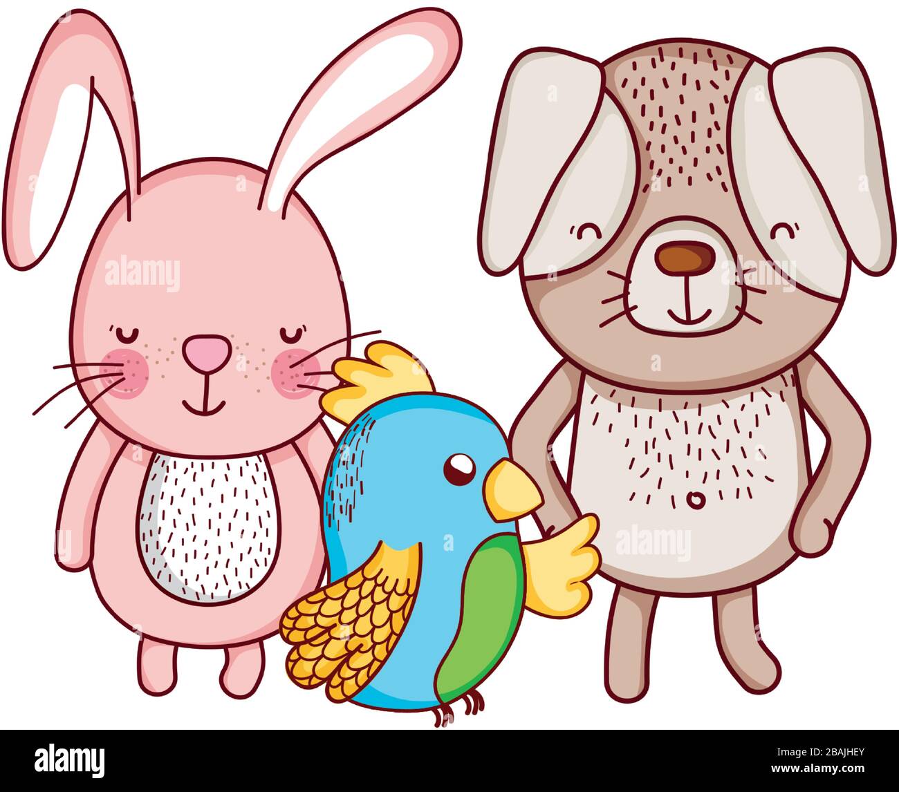 cute animals, rabbit dog and parrot cartoon isolated icon design vector ...