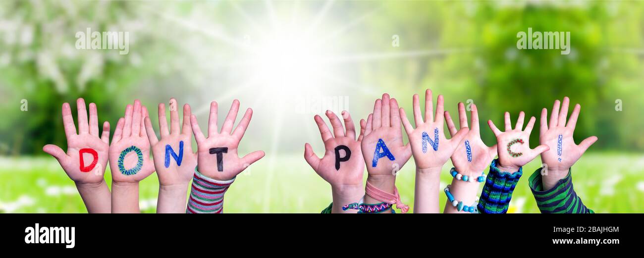 Children Hands Building Word Do Not Panic, Grass Meadow Stock Photo - Alamy