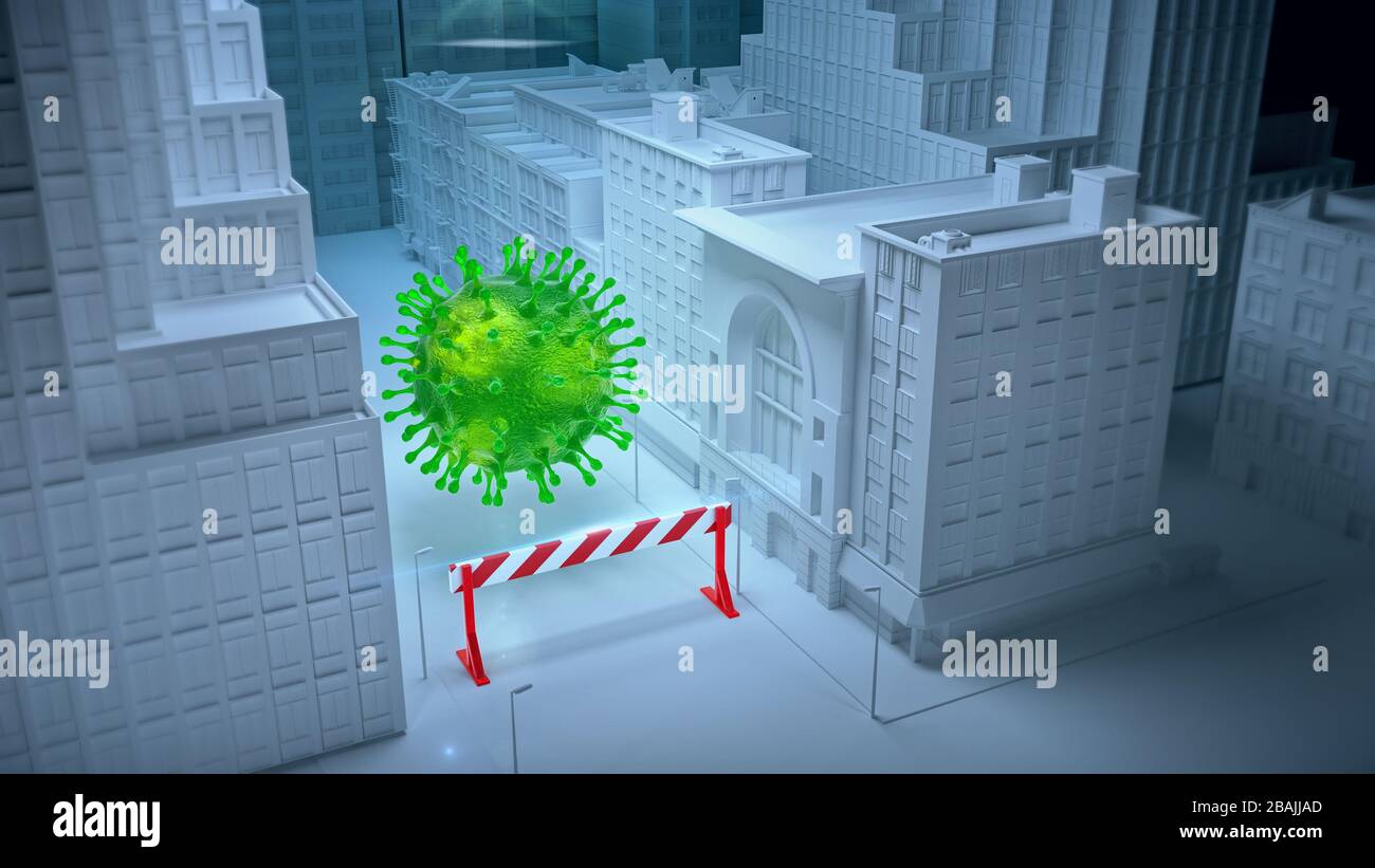 3D Rendering, virus particle over city in the streets in front of ...