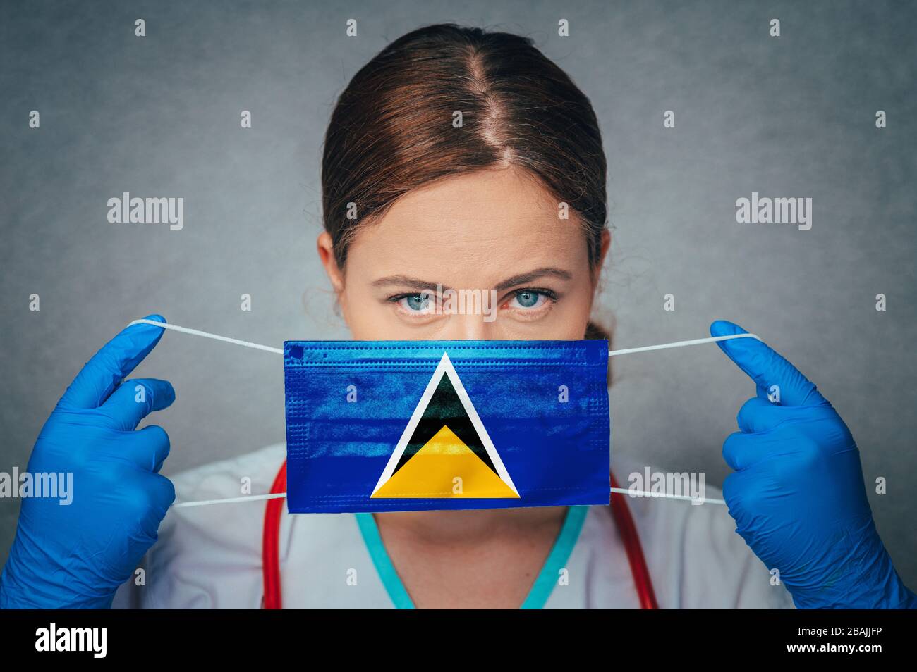 Coronavirus in Saint Lucia Female Doctor Portrait hold protect Face ...