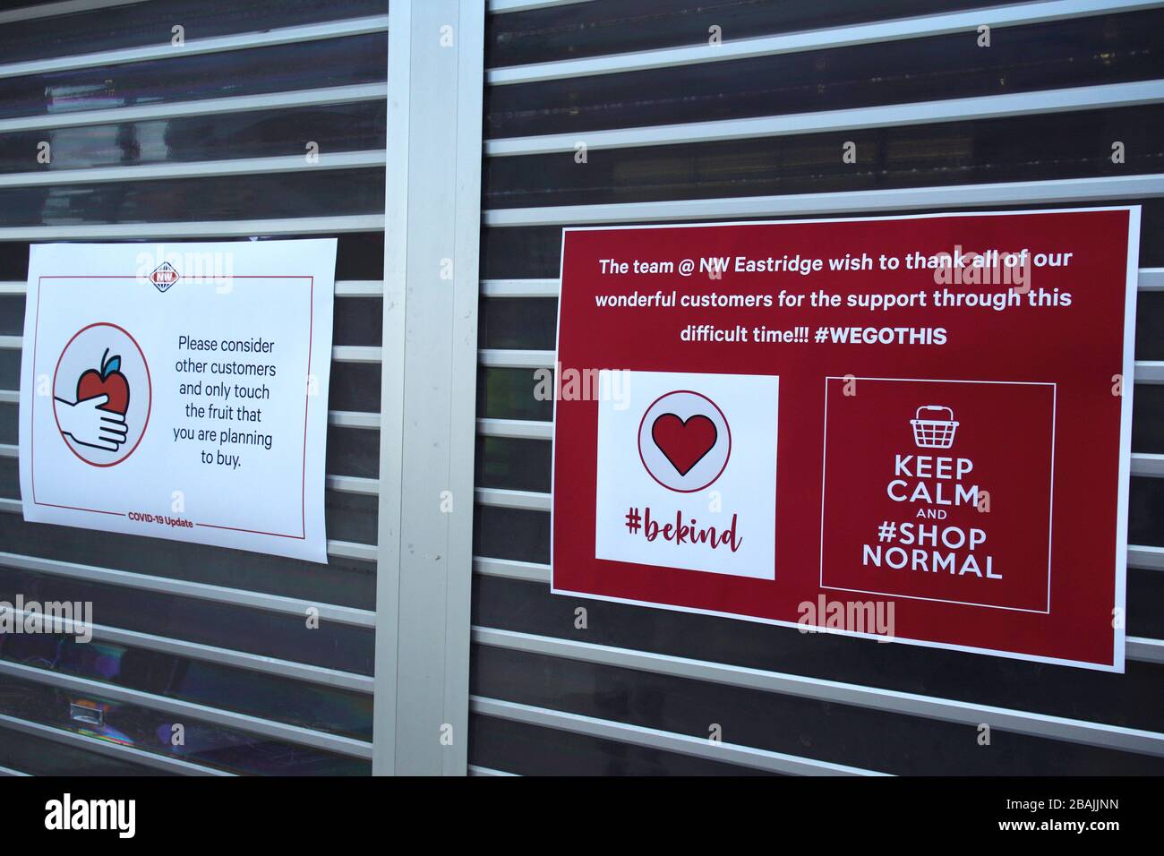 Coronavirus COVID-19 signs outside New World supermarket, Eastridge ...