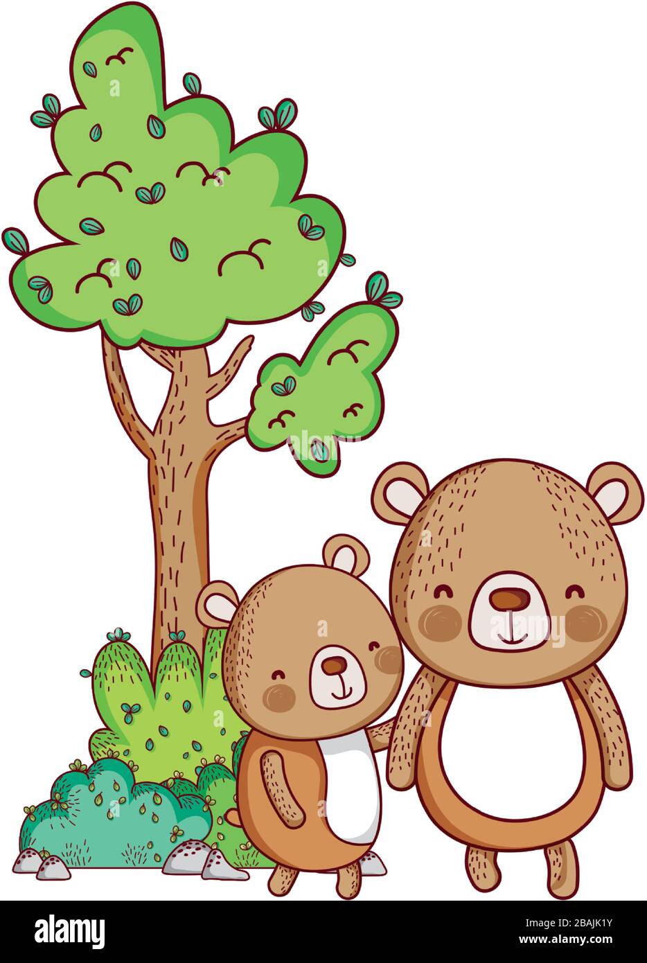 cute animals, little bears tree bush nature cartoon vector illustration ...