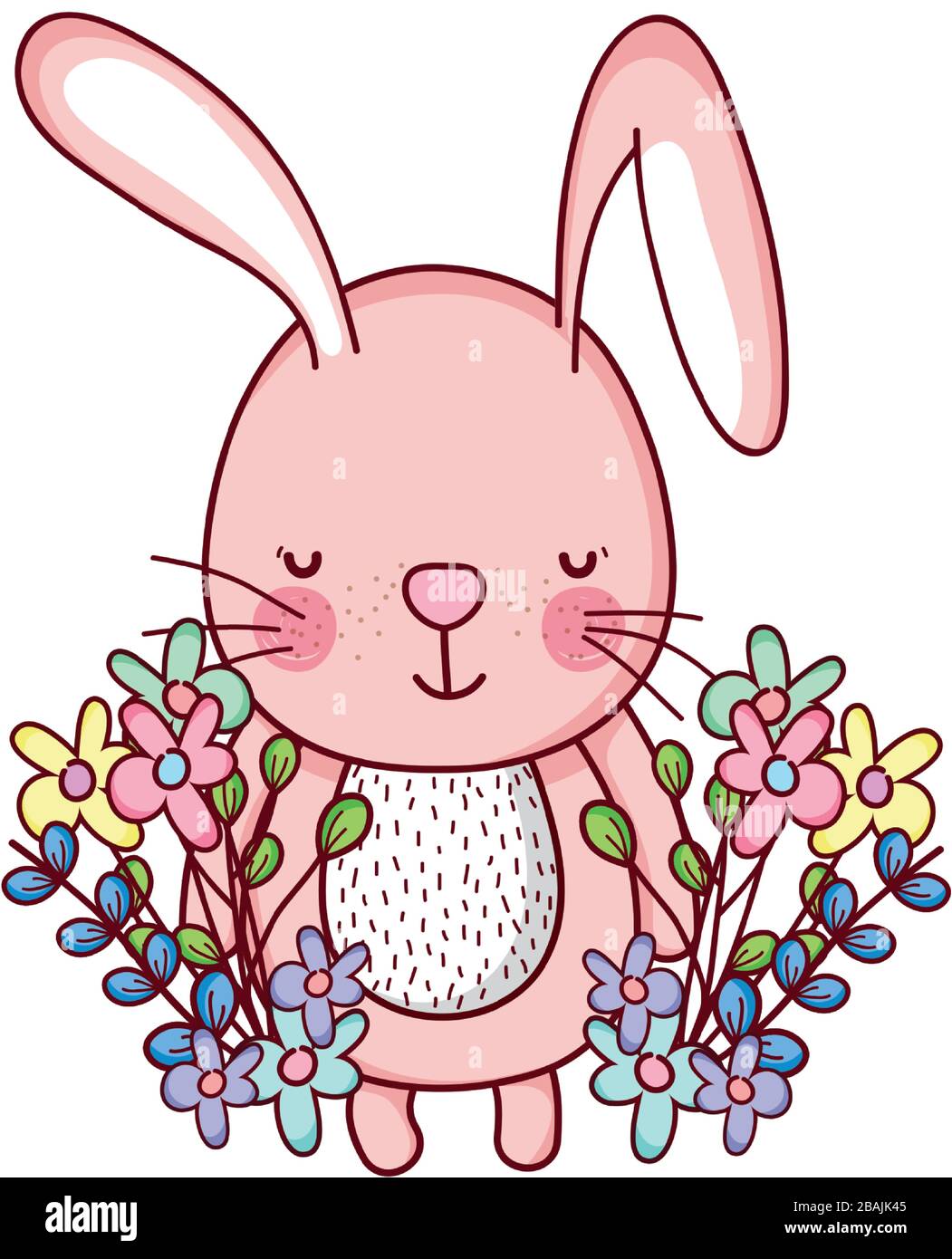 cute animals, little rabbit flowers leaves foliage cartoon vector ...