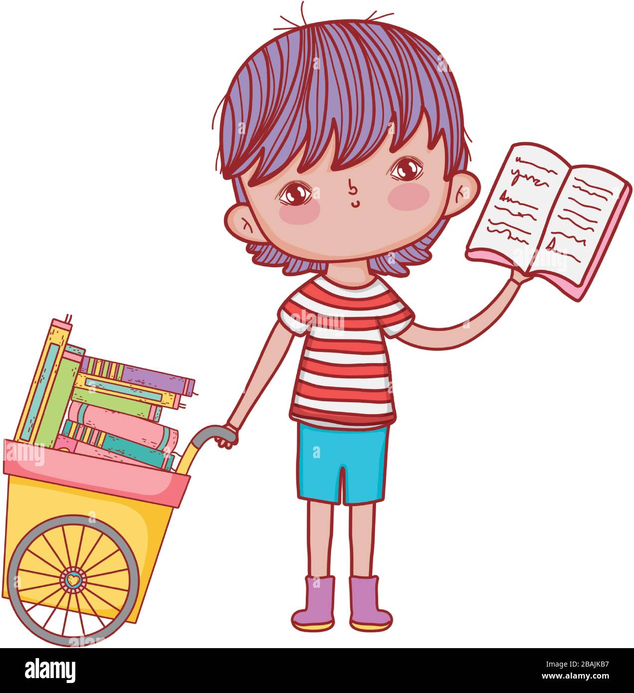 cute boy hand cart with books cartoon isolated design vector ...