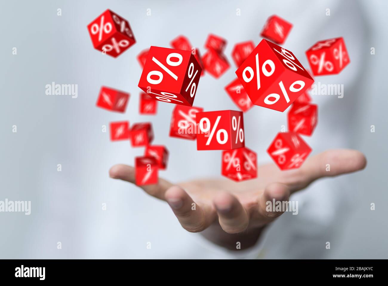 A using white and red sales flying icons 3D rendering Stock Photo - Alamy