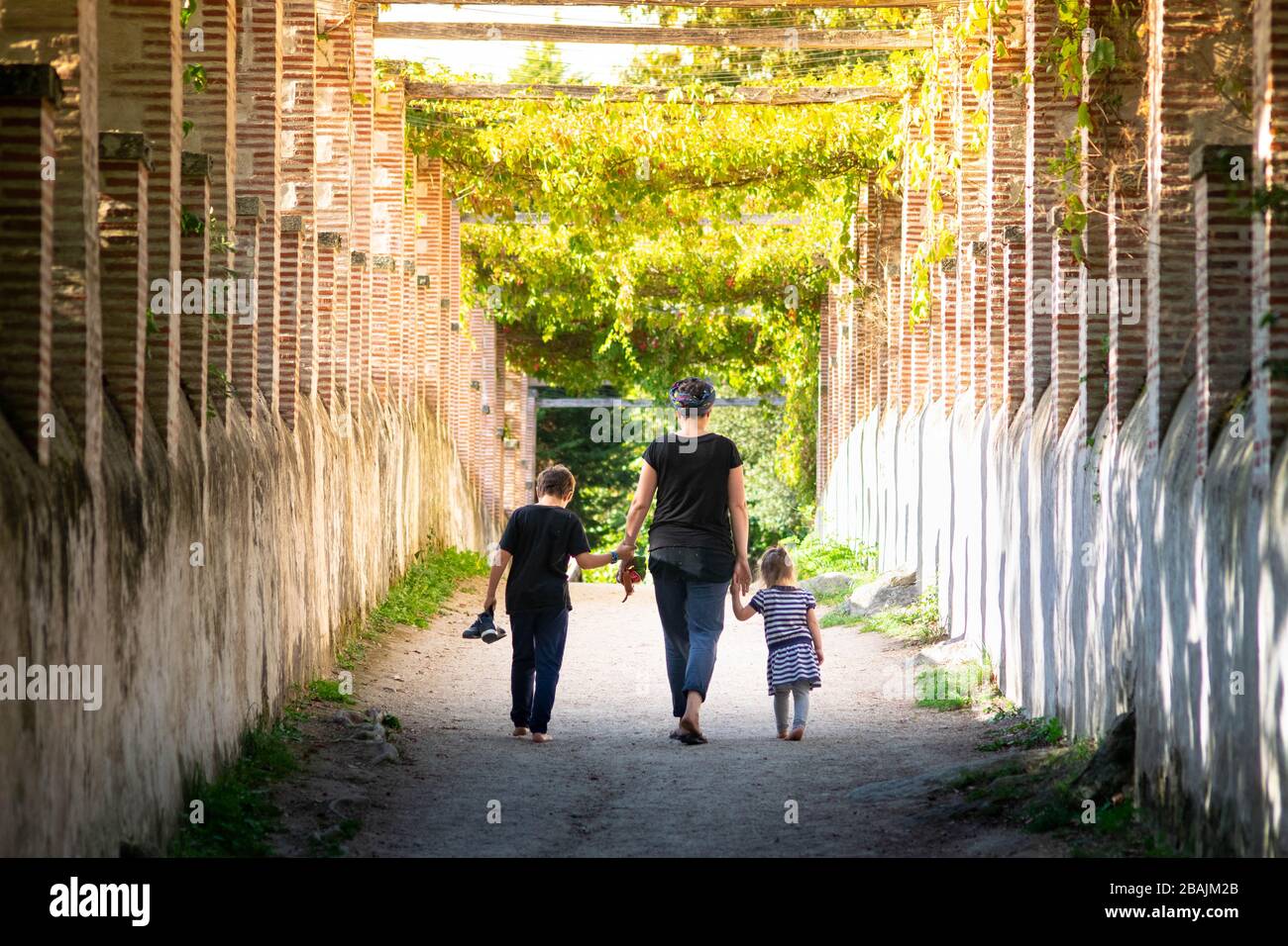 Mother with two young children walking down a park path Stock Photo - Alamy