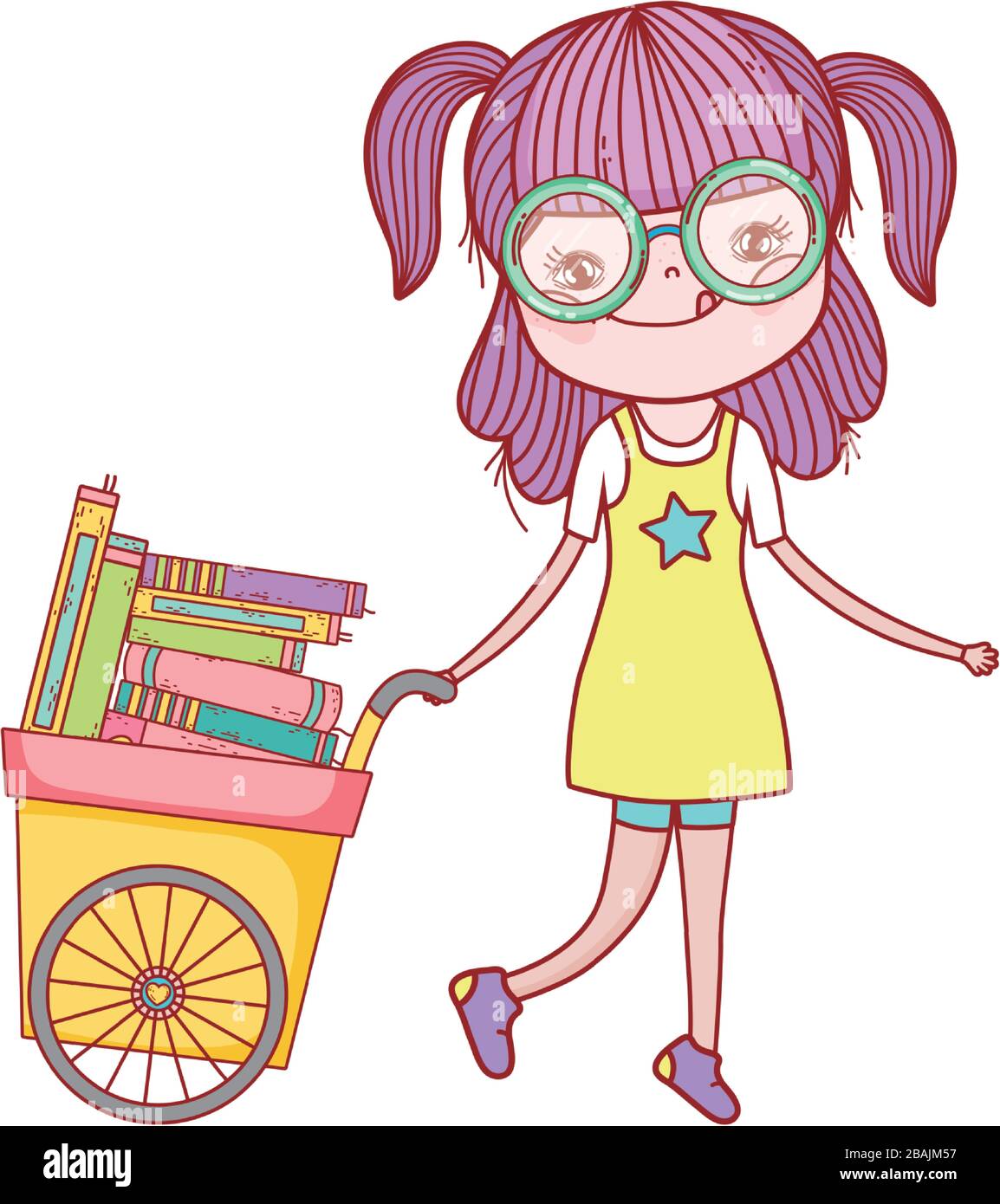 cute girl and cart with many books isolated icon vector illustration ...