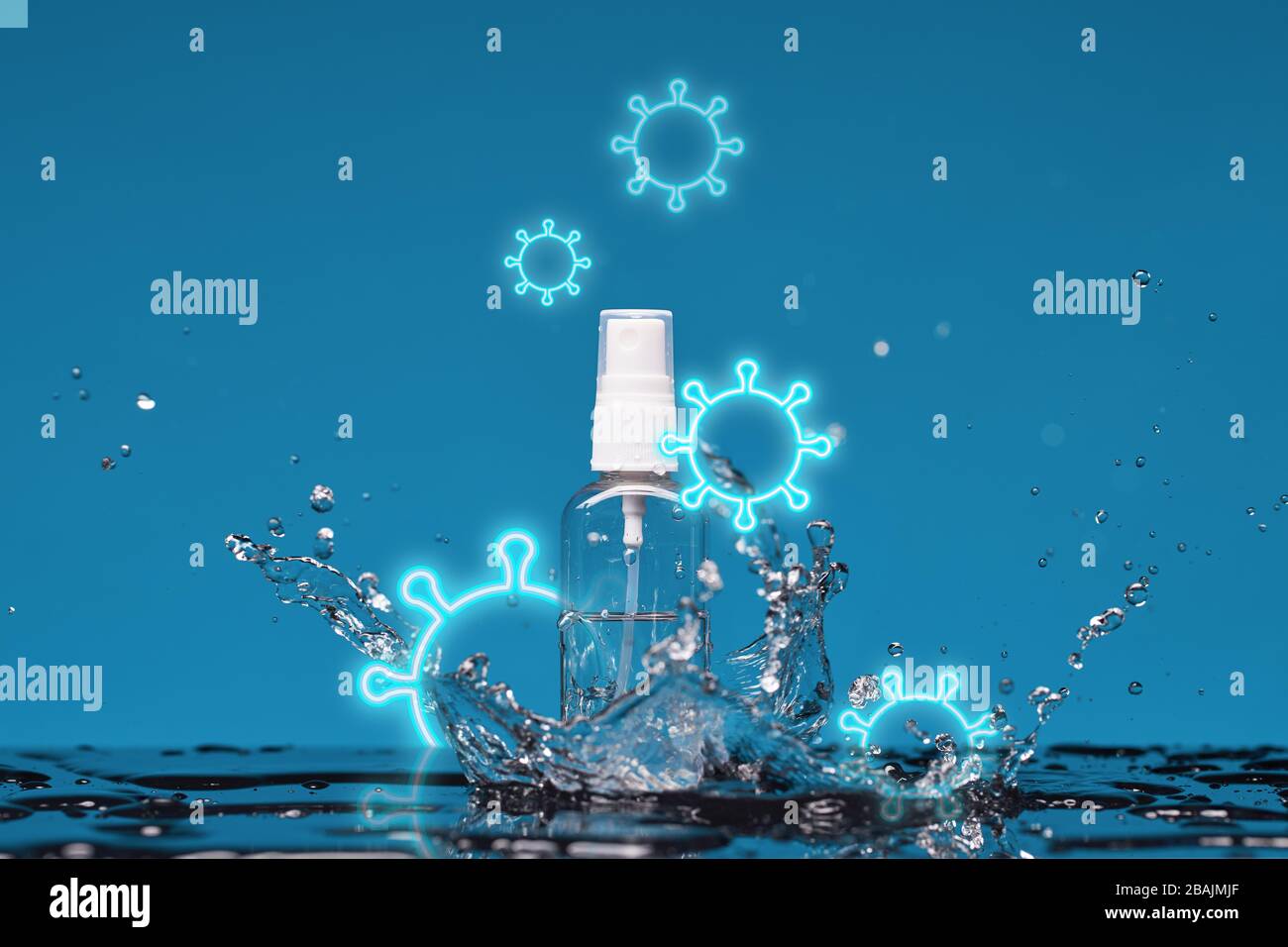 Bottle of antiseptic spray in splashes of water. Concept of washing ...