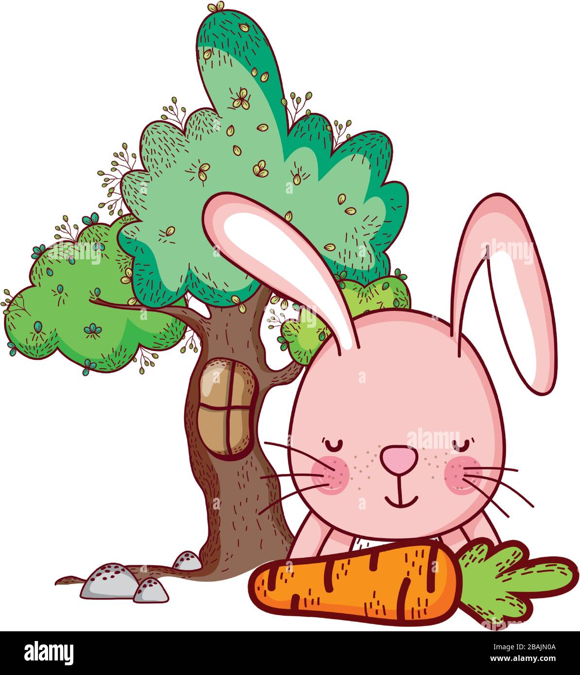 cute animals, pink rabbit with carrot tree grass cartoon vector ...