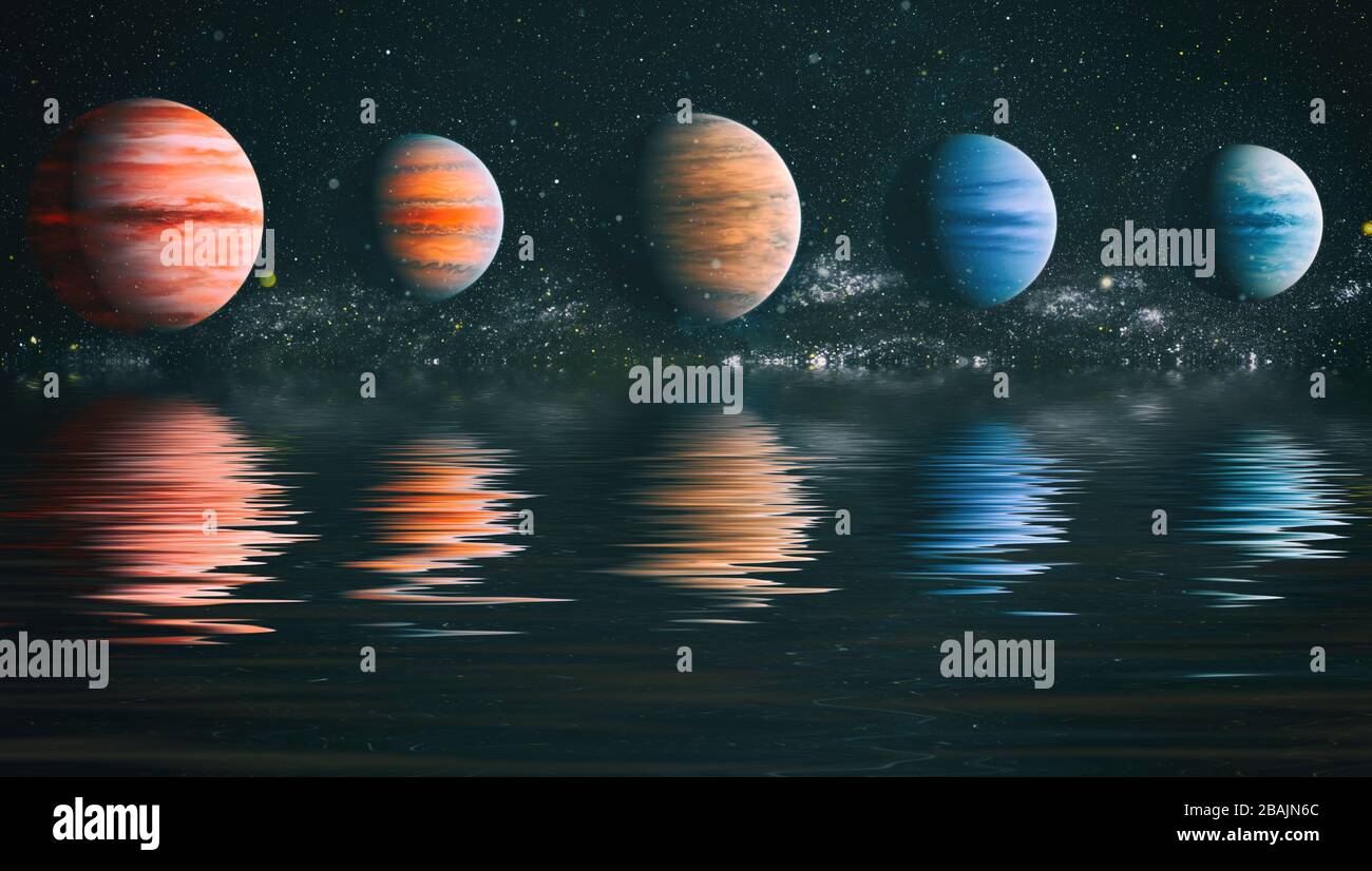 Beautiful unusual space planet in space reflected in water. galaxy ...