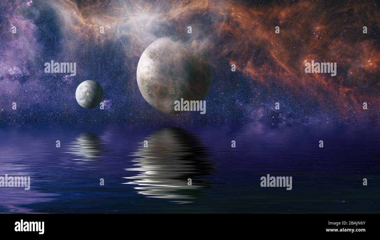 Beautiful unusual space planet in space reflected in water. galaxy ...