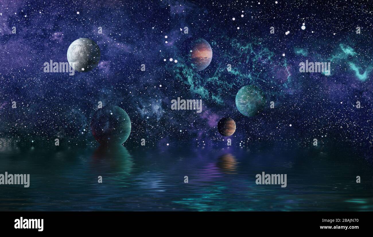 Beautiful unusual space planet in space reflected in water. galaxy ...