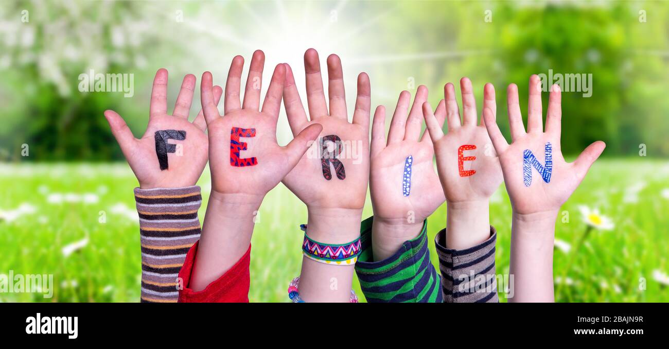Children Hands Building Word Ferien Means Holidays, Grass Meadow Stock ...