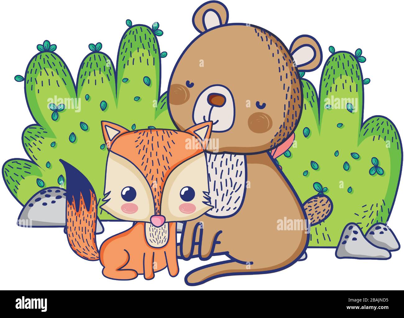 cute animals, bear and fox bush foliage nature botanical isolated ...