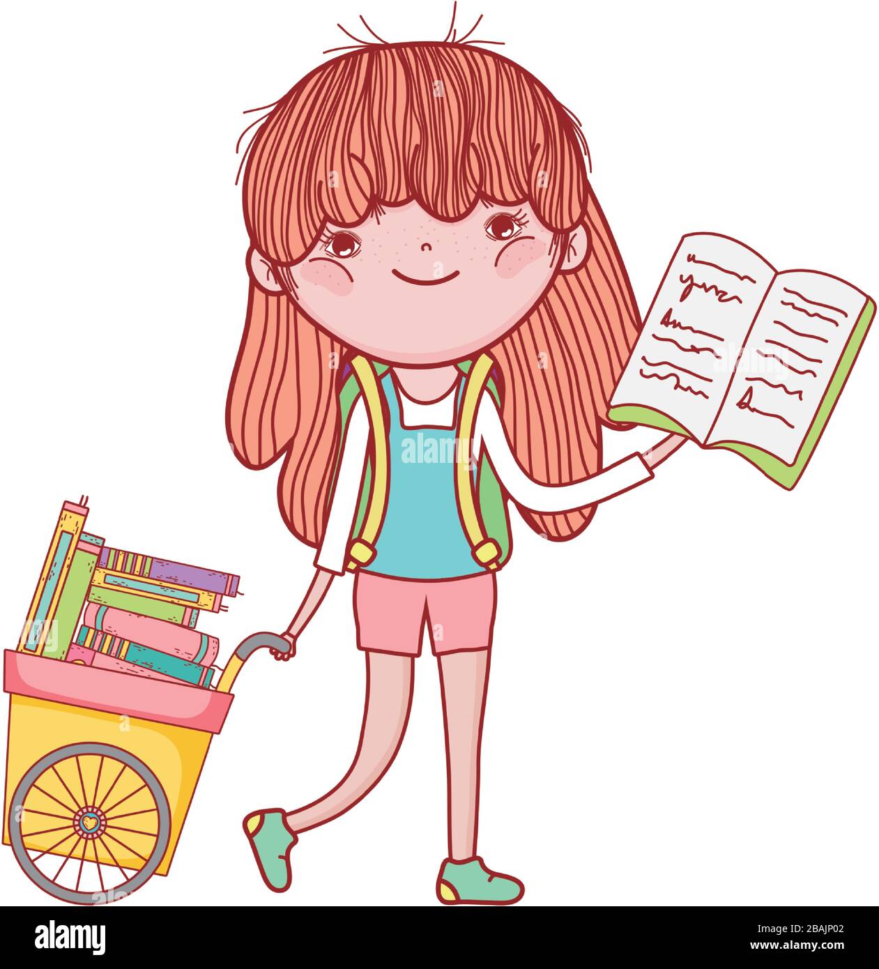 cute girl hand cart with books cartoon isolated design vector ...